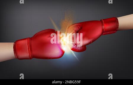 Boxing gloves realistic composition with view of two striking hands in ...