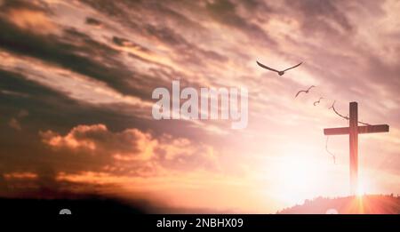 Cross of jesus christ break barrier wire on calvary sunset background ...