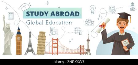 Study abroad and global education, guy and girl students fly away to ...