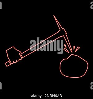 Neon pickaxe hit stone in hand red color vector illustration image flat ...