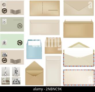 Envelopes and stamps set with realistic isolated front view images of ...