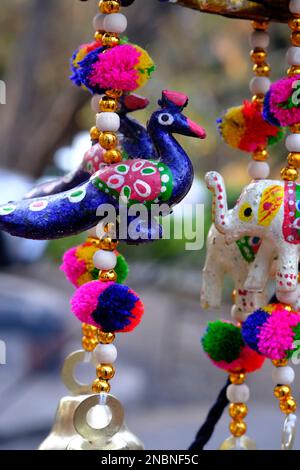 Pune, India, Handicraft items with selective focus, textile and wooden ...