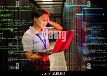 Stress, headache and code overlay of a black man doing computer work for cybersecurity with ...