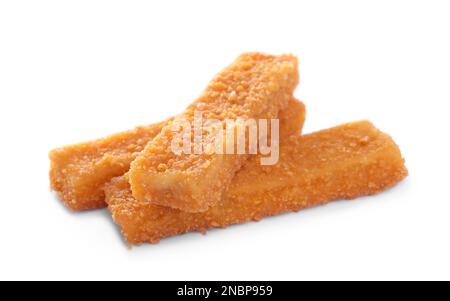 Fresh breaded fish fingers on white background, top view Stock Photo ...