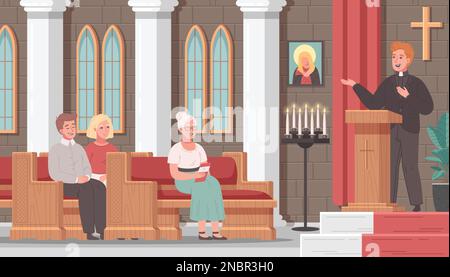Christian church cartoon scene with priest conducting wedding ceremony ...