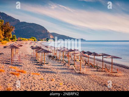 Splendid summer view of Plakas beach, Leonidio town location. Stunning ...