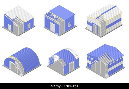 Metal constructions set with industrial buildings symbols isometric ...