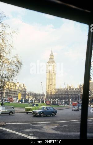 London 1972. A view from a bus trafficing a street in the area of ...