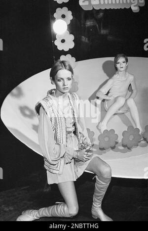 Model Lesley Hornby also known as Twiggy performing on stage, circa ...