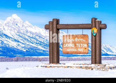 Grand Teton National Park Sign at entrance to the park North America ...