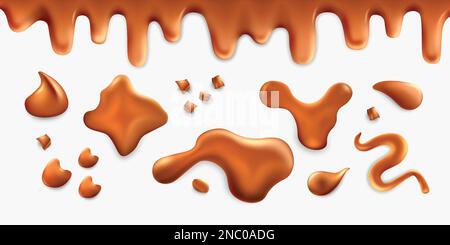 Realistic toffee melted caramel border, puddles and candy. Peanut ...