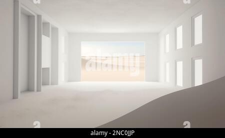Large spacious white interior with sand in room. 3D render Stock Photo ...
