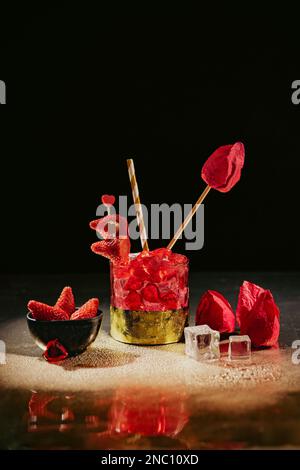 Valentines Day composition with red and golden hearts over golden ...