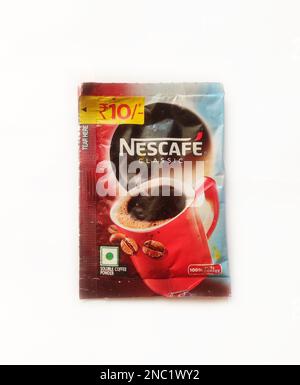 Nescafe classic instant coffee sachet plastic packet on white ...