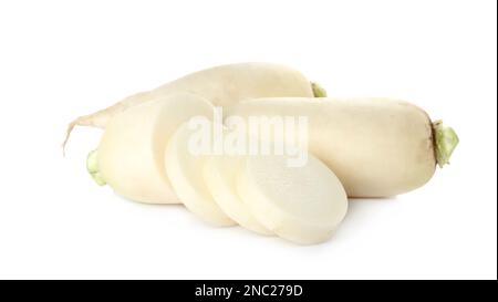 Cut and whole fresh ripe turnips on white background, top view Stock ...