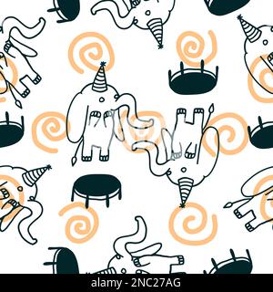 Happy elephant bouncing on trampoline. Vector illustration in outline ...