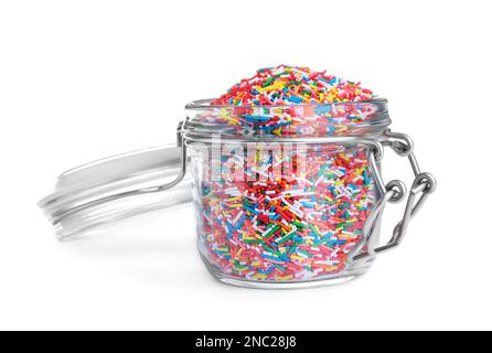 Colorful sprinkles in glass jar on white background. Confectionery ...