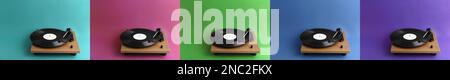 Collage of turntables with vinyl records on different color backgrounds ...
