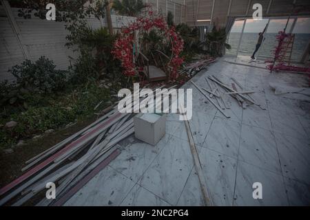 Interior view of a destroyed wedding hall after being attacked by ...