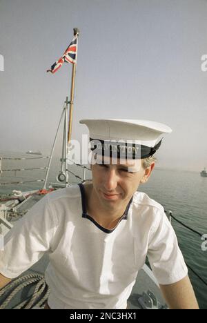 British sailors aboard HMS Gavinton in the Gulf of Suez outside Suez ...