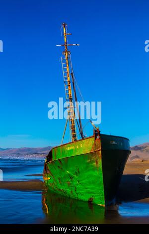 Beached wreck of a wooden boat, detail of rudder . Rampside , Morecambe ...