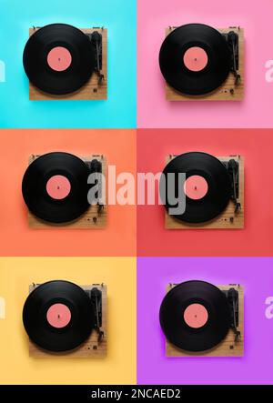 Collage of turntables with vinyl records on different color backgrounds ...