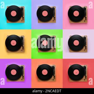 Collage of turntables with vinyl records on different color backgrounds ...