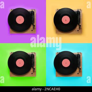Collage of turntables with vinyl records on different color backgrounds ...