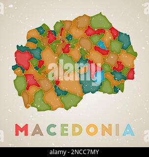 Macedonia map. Country poster with regions. Old grunge texture. Shape ...