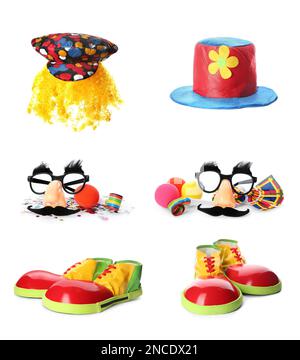Set with different funny clown's accessories on white background Stock ...