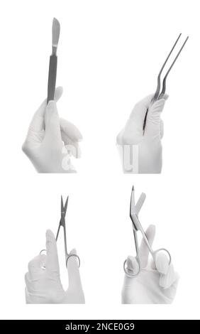 Collage with photos of doctors holding different surgical instruments ...