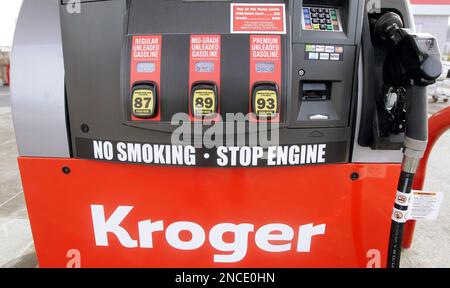 Kroger grocery store gas pump at night; petrol station Stock Photo - Alamy