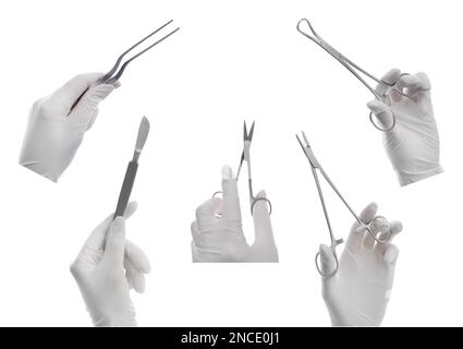 Collage with photos of doctors holding different surgical instruments ...