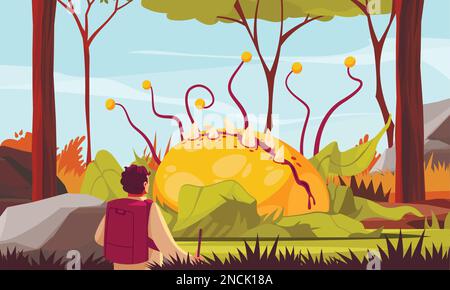 Carnivorous monster plant cartoon poster with scary flower in museum ...