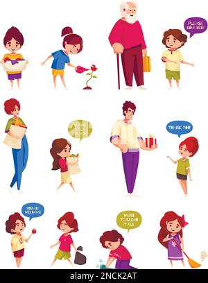 Well-behaved children cartoon with kid helping with groceries vector ...