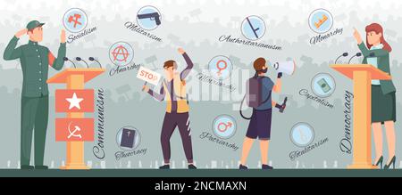 Government types abstract background with political system symbols flat ...