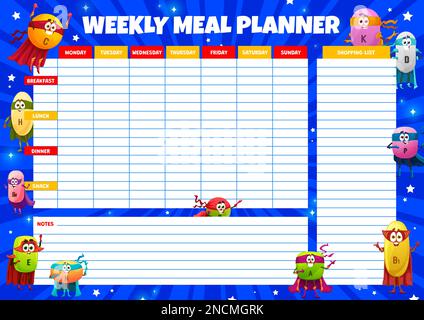 Weekly meal planner with cartoon vitamin and micronutrient pirate or ...