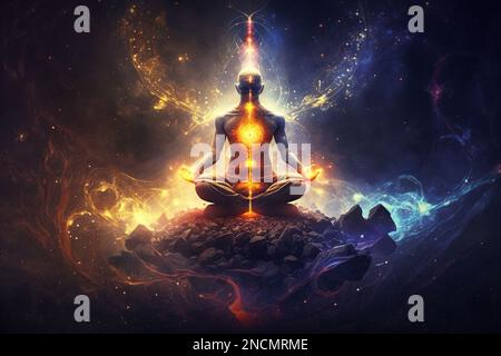 Human silhouette in yoga / lotus pose with 7 Chakras Symbols and Flower ...