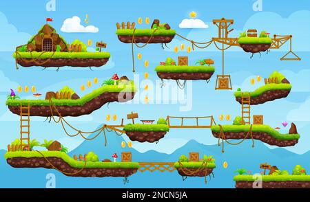 2d arcade game level map interface. Platform, stairs, coin, bonus and ...