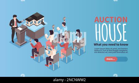 Auction horizontal banner with competition and house symbols isometric ...