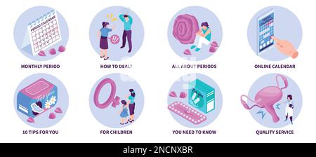 Menstrual cycle compositions set with period symbols isometric isolated ...