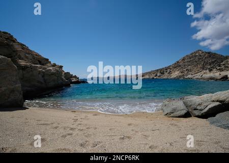 The beautiful turquoise sandy beach of Sapounohoma in Ios Greece Stock ...