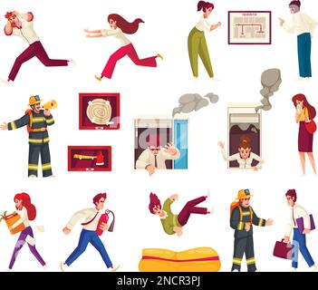 Evacuation cartoon icons set with people escaping fire alarm isolated ...
