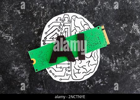 AI text on top of microchip and half human half robot brain, the rise ...