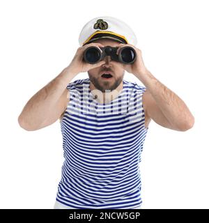 Young male sailor looking through binoculars on white background, back ...