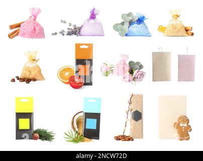 Set of scented sachets with different aromas on white background, top ...