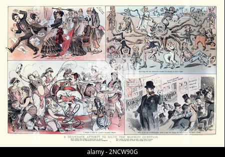 Vintage engraving of Satirical American cartoon, Police officers arrest ...