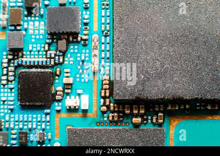 Smartphone PCB and chips super close-up - very small SMD elements Stock ...