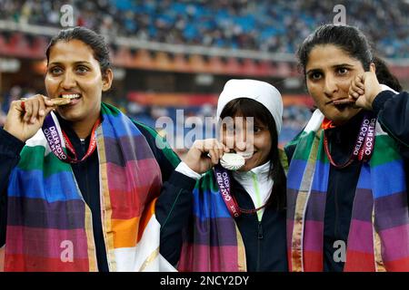 From left: India's Antil Seema, silver, South Africa's Elizna Naude ...