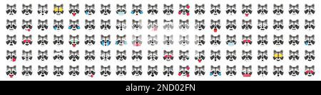 Racoon emoticon smile icons collection. Cartoon racoon emoji set ...